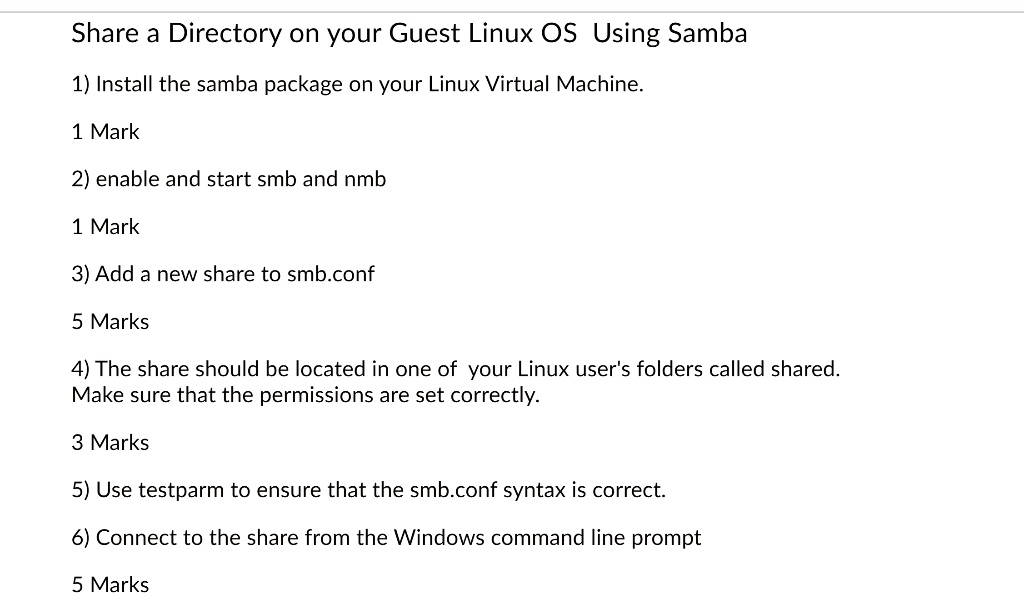 SOLVED: Please, provide answers for these questions ASAP. Share a Directory on your Guest Linux ...