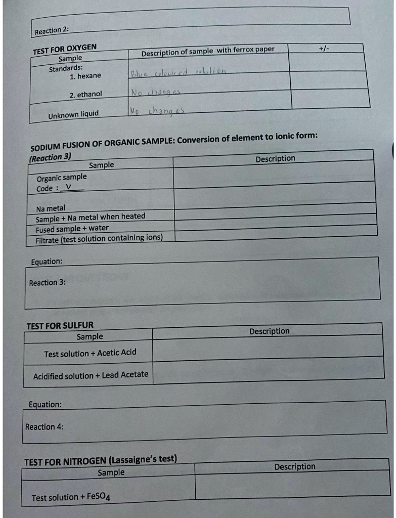 Reaction 2: TEST FOR OXYGEN Sample Standards: 1. hexane 2. ethanol ...