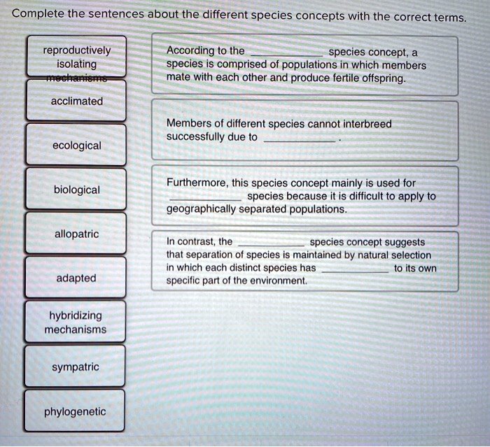 SOLVED: Complete the sentences about the different species concepts ...