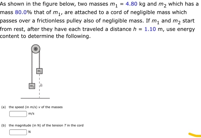 SOLVED: As shown in the figure below, two masses m1 4.80 kg and m2 which has mass 80.0% that of ...