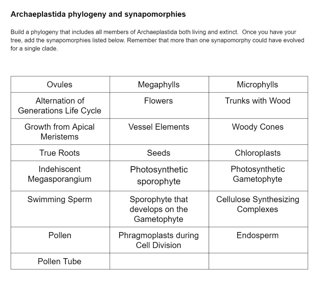 SOLVED: Archaeplastida phylogeny and synapomorphies Build a phylogeny ...