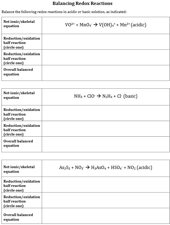 balancing redox reactions balance the following redox reactions in acidic or basic solution as ...