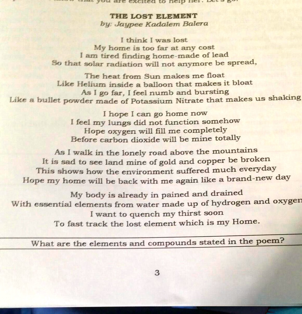 SOLVED: What are the elements and compounds stated in the poem? I think ...