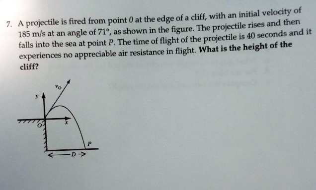 7. A projectile is fired from point 0 at the edge of a cliff, with an initial velocity of 185 m ...
