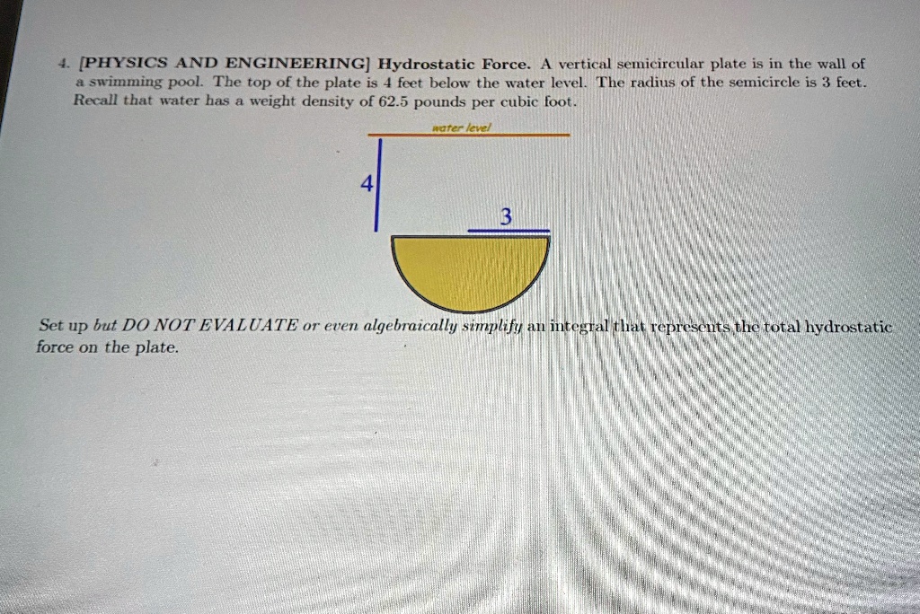 4. [PHYSICS AND ENGINEERING] Hydrostatic Force. A vertical semicircular ...