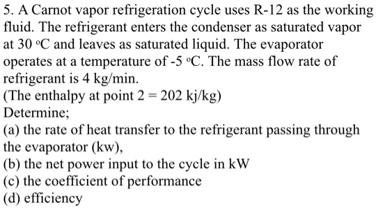 SOLVED: A Carnot vapor refrigeration cycle uses R-12 as the working ...
