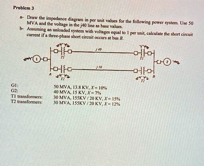 Problem 3 a- Draw the impedance diagram in per unit values for the following power system. Use ...