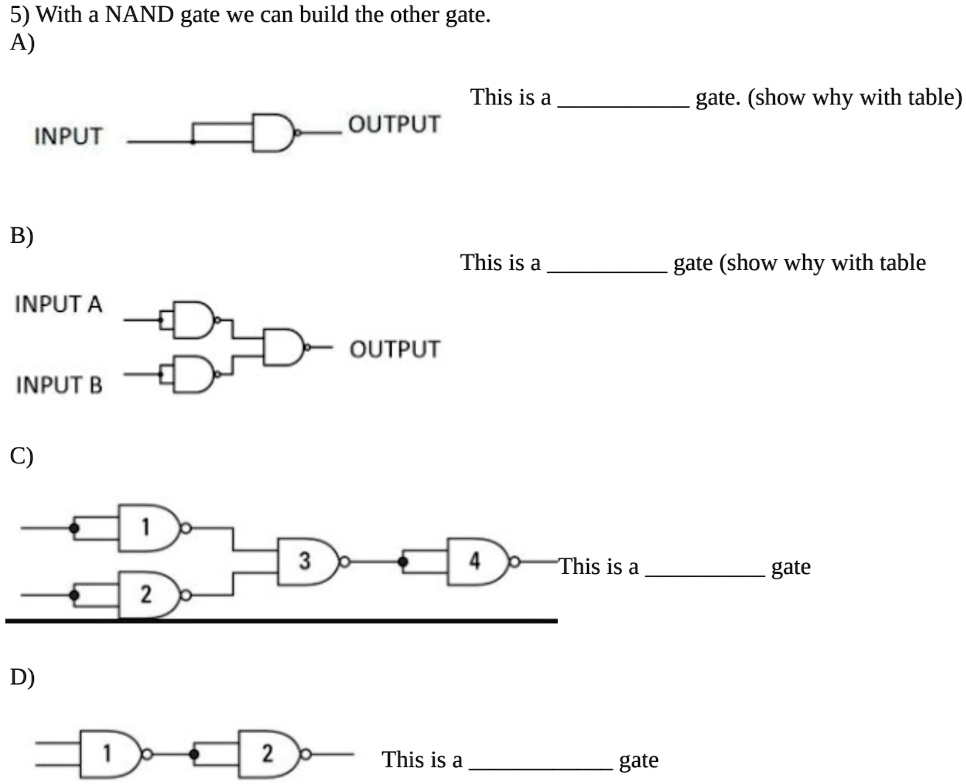 5) With a NAND gate we can build the other gate. A) INPUT OUTPUT This ...
