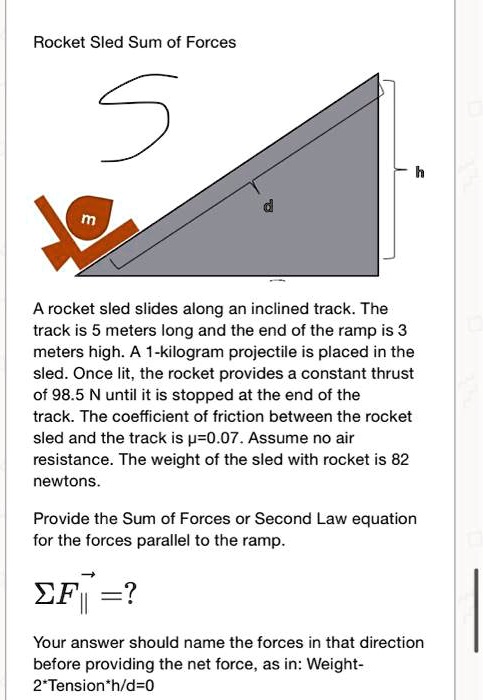 SOLVED:Rocket Sled Sum of Forces A rocket sled slides along an inclined ...