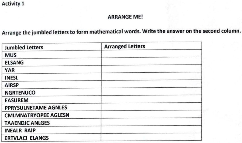 SOLVED: Arranged The Jumbled Letters to Form Mathematical Words ...