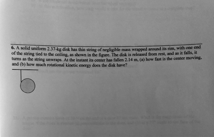 SOLVED: 6.A solid uniform 2. 37-kg disk has thin string of negligible mass wrapped around itS ...