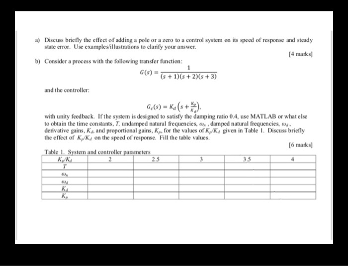 SOLVED: a) Discuss briefly the effect of adding a pole or a zero to a control system on its ...