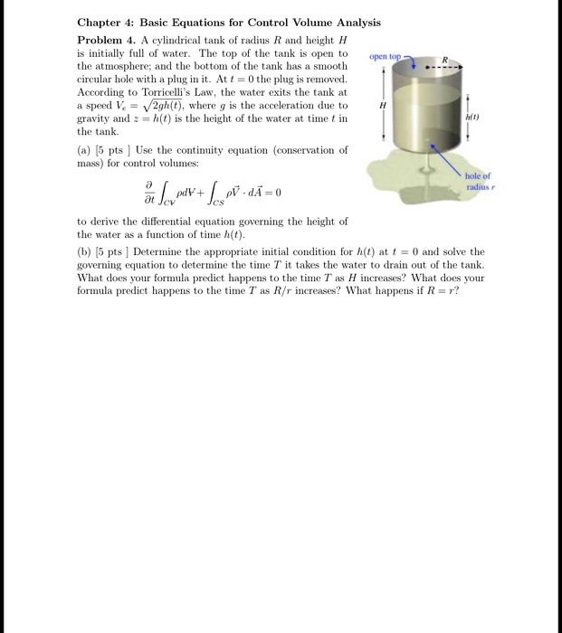 Chapter 4: Basic Equations for Control Volume Analysis Problem 4. A cylindrical tank of radius R ...