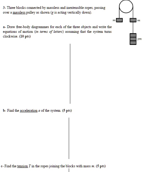 three blocks connected by massless and inextensible topes passing otet mmaesles pulley shoun ...