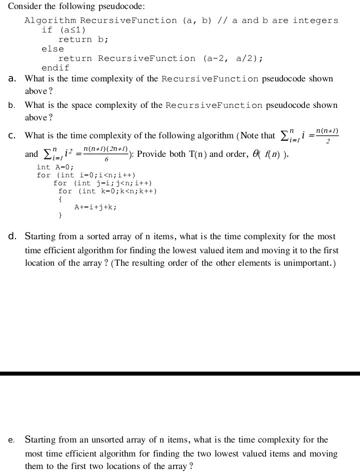 Solved Consider The Following Pseudocode Algorithm Recursivefunctiona B A And B Are