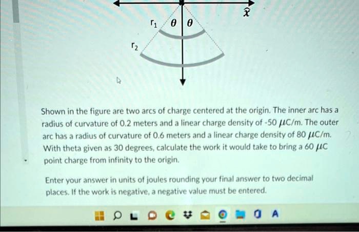 Shown in the figure are two arcs of charge centered at the origin. The ...