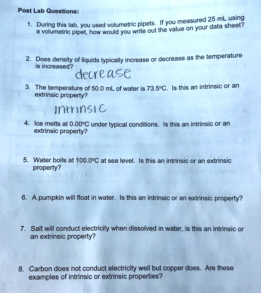 SOLVED: Post Lab Questions: During this lab, you used volumetric pipets ...