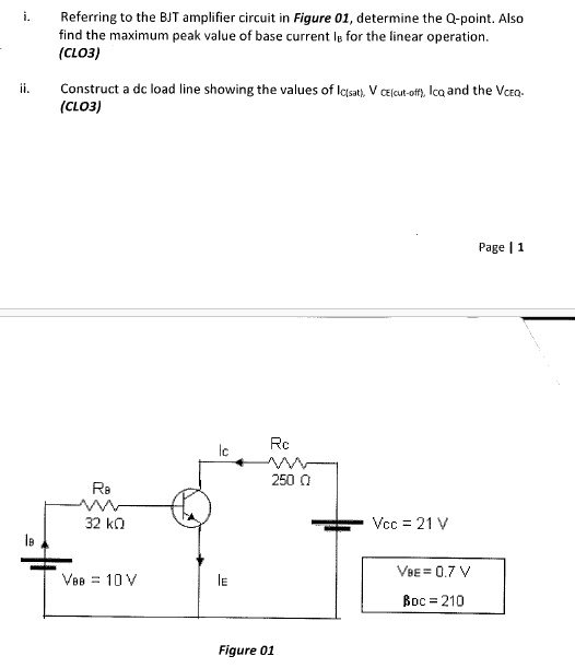 i. Referring to the BJT amplifier circuit in Figure 01, determine the Q-point. Also find the ...