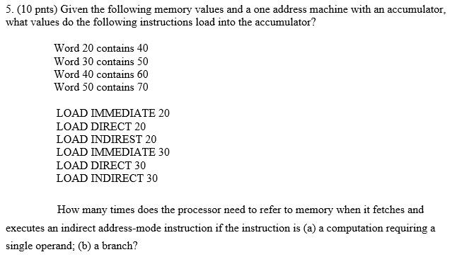 SOLVED: 5. (10 pnts) Given the following memory values and a one address machine with an ...