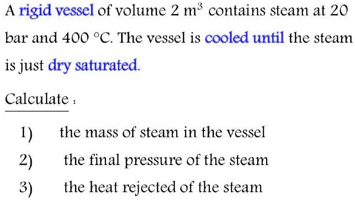 A rigid vessel of volume 2 m³ contains steam at 20 bar and 400 °C. The ...