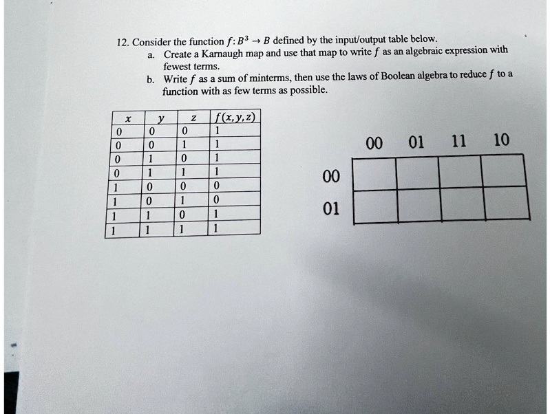 12. Consider the function f: B^3 → B defined by the input/output table ...