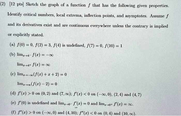 (2) [12 pts] Sketch the graph of a function f that has the following given properties. Identify ...