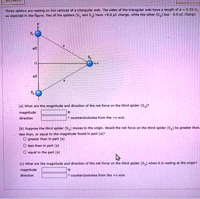 SOLVED: Three spiders are resting on the vertices of triangular web ...