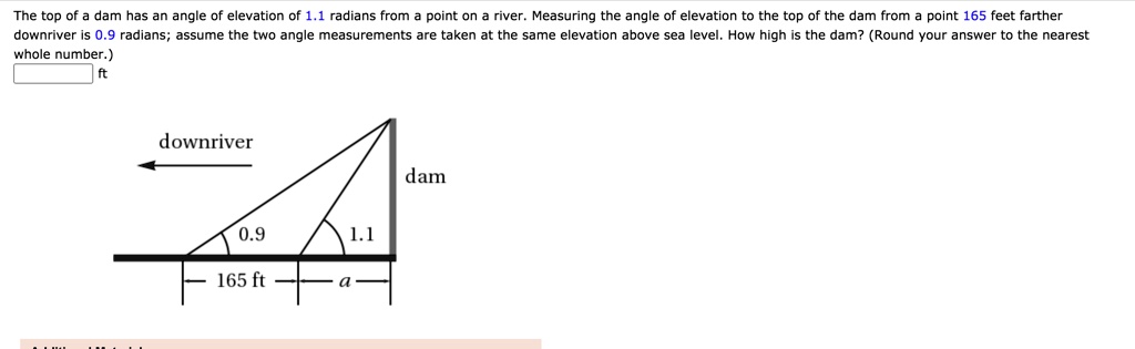 The top of dam has an angle of elevation of 1.1 radians from point on ...