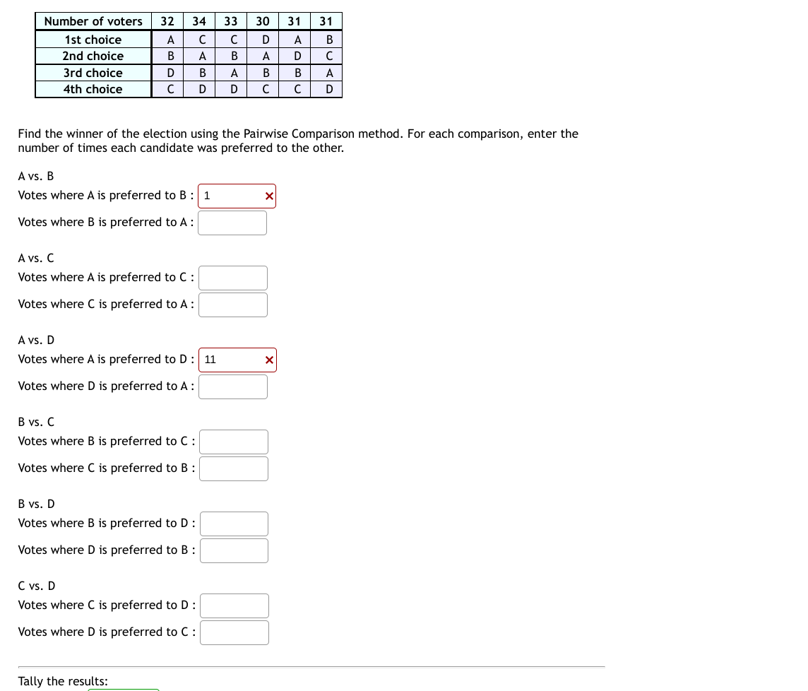 SOLVED: Number of voters 32 34 33 30 31 31 1st choice A C C D A B 2nd ...