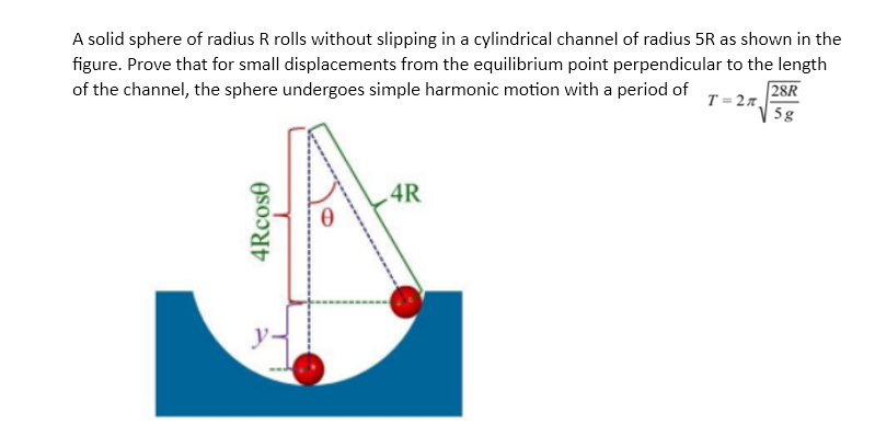 A solid sphere of radius R rolls without slipping in a cylindrical ...