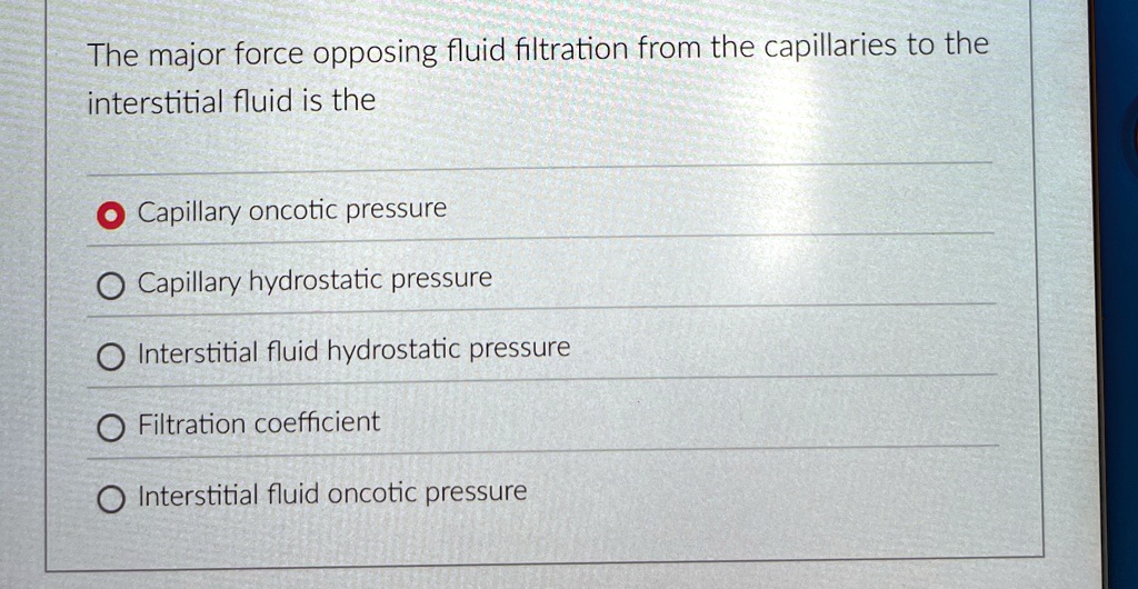 the major force opposing fluid filtration from the capillaries to the ...