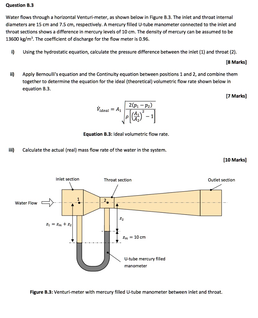 Question B.3 Water flows through a horizontal Venturi-meter, as shown ...