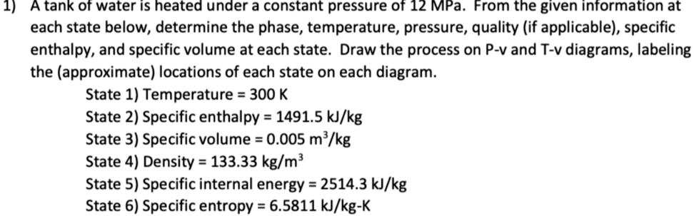 1) A tank of water is heated under a constant pressure of 12 MPa. From the given information at ...