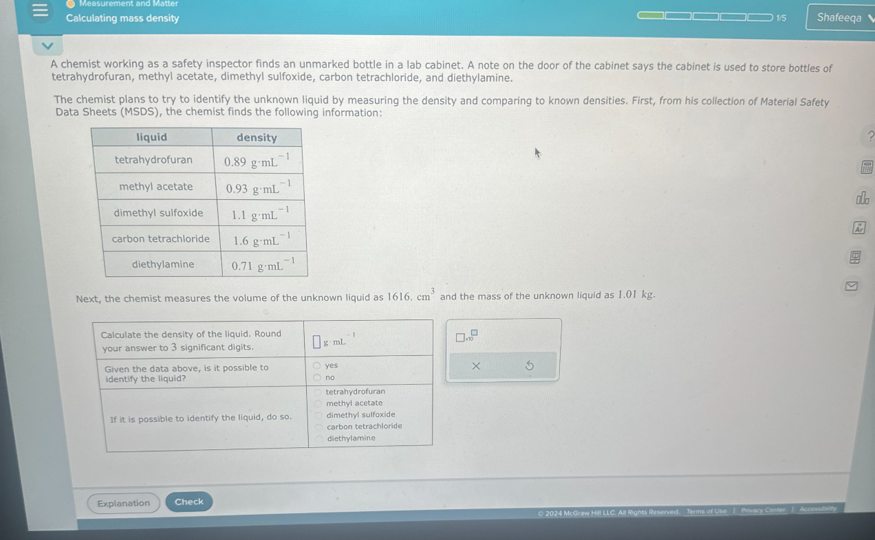 SOLVED: Measurement and Matter Calculating mass density Shafeeqa A chemist working as a safety ...