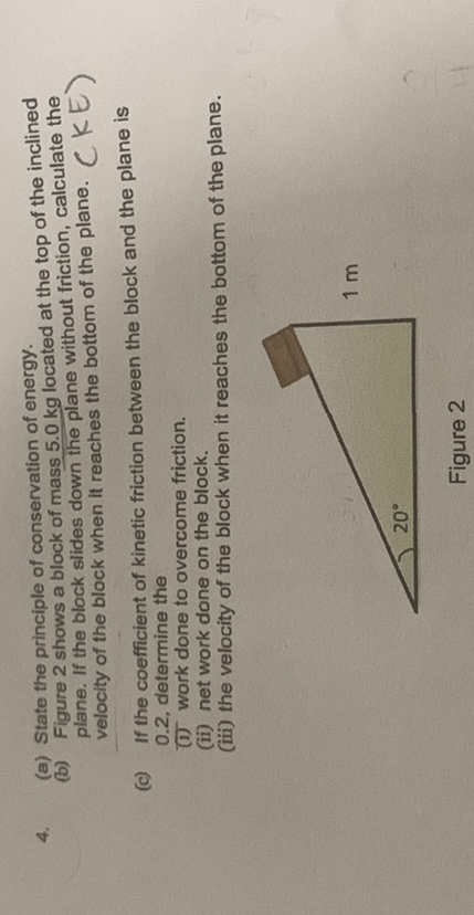 4. (a) State the principle of conservation of energy. (b) Figure 2 shows a block of mass 5.0 kg ...