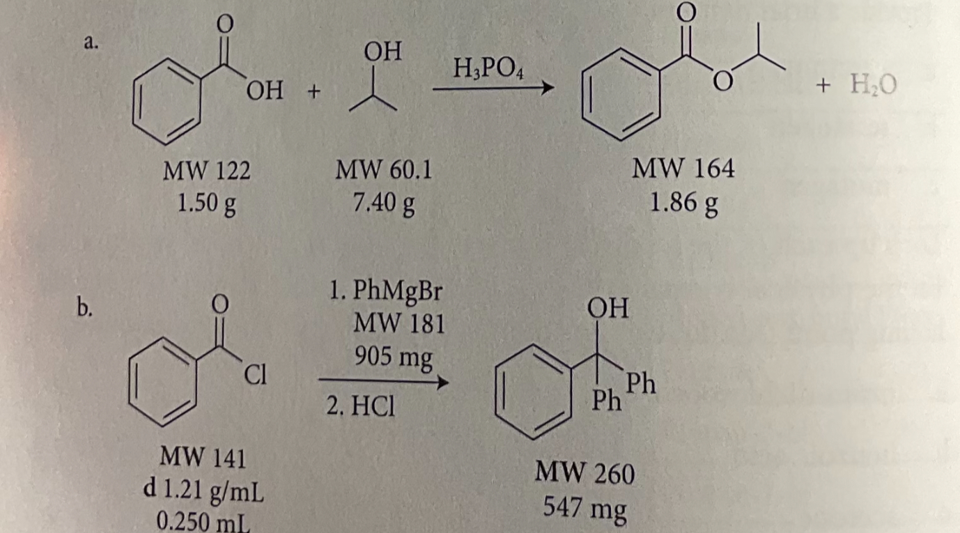 SOLVED: a. +H2O MW 122 1.50 g MW 60.1 MW 164 1.86 g b. 1. PhMgBr MW ...