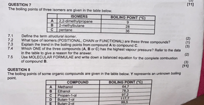 QUESTION 7 [11] The boiling points of three isomers are given in the table below. 1|c| ISOMERS ...