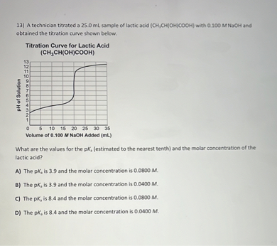 13) A technician titrated a 25.0 mL sample of lactic acid (CH3, CH / OH ...