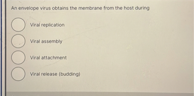 SOLVED: An envelope virus obtains the membrane from the host during Viral replication Viral ...