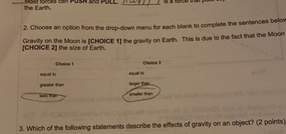 the Earth. 2. Choose an option from the drop-down menu for each blank ...