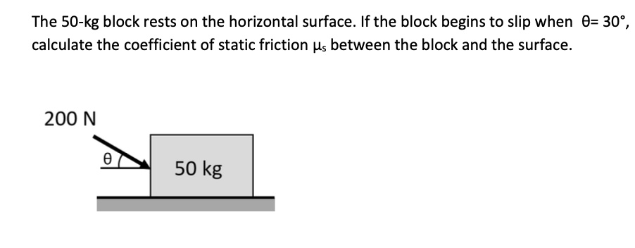SOLVED: The 50-kg block rests on the horizontal surface. If the block begins to slip when 0= 309 ...