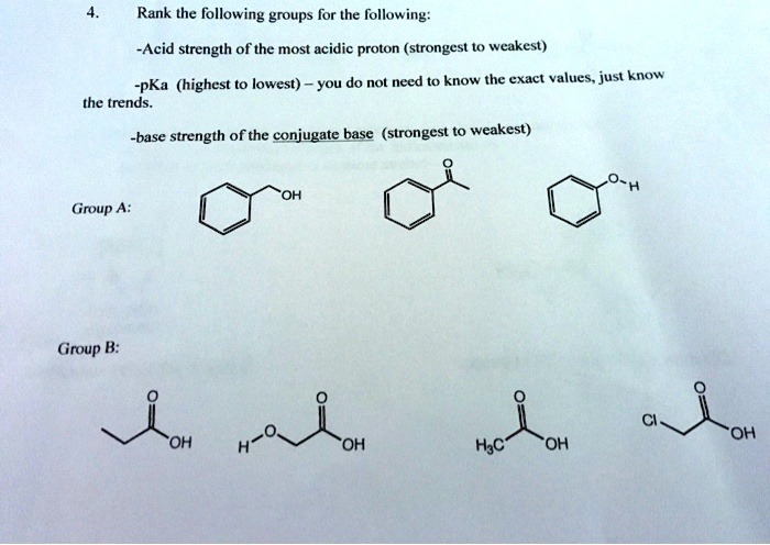 SOLVED: Rank the following groups for the following: Acid strength of ...