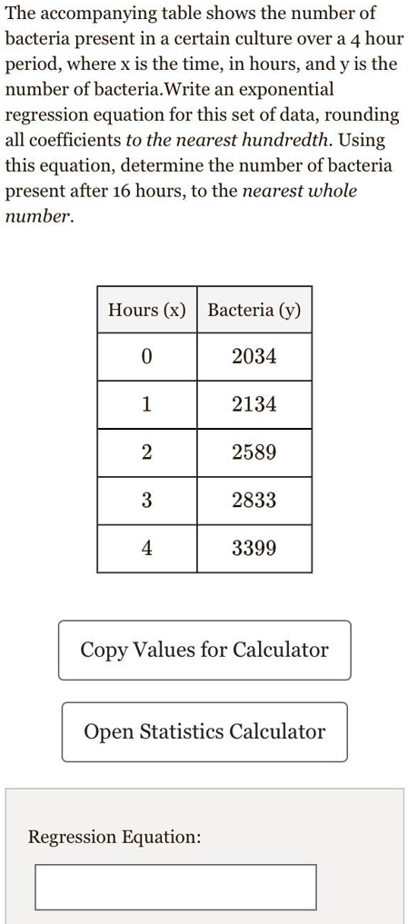 The accompanying table shows the number of bacteria present in a certain culture over a 4 hour ...