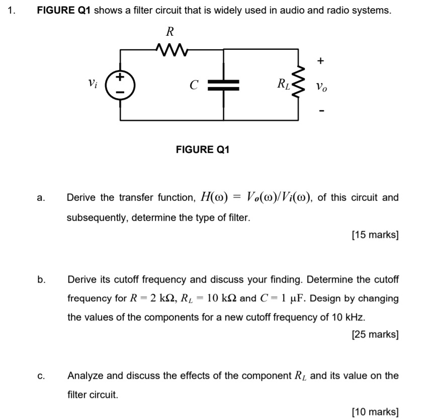 SOLVED: Figure Q1 shows a filter circuit that is widely used in audio and radio systems. R Vi RL ...