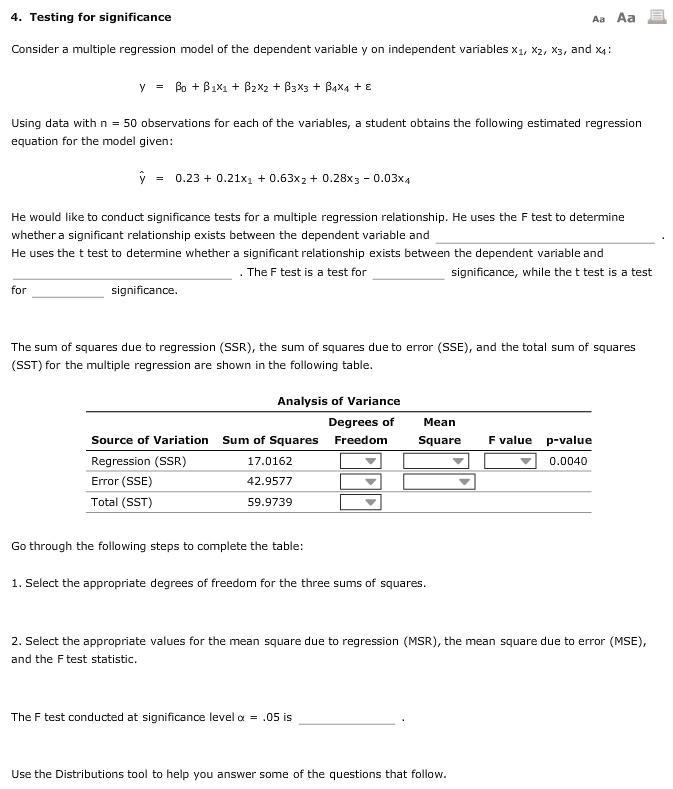 4. Testing for significance Consider a multiple regression model of the ...