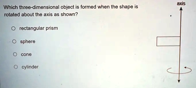 SOLVED: axis Which three-dimensional object is formed when the shape is rotated about the axis ...