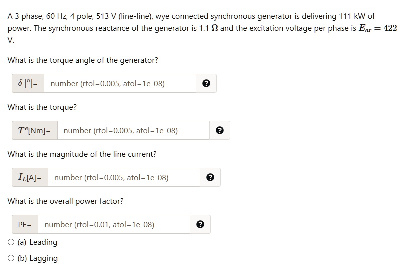a 3 phase 60 hz 4 pole 513 v line line wye connected synchronous ...