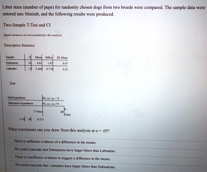 SOLVED: Litter sizes (number of pups) for randomly chosen dogs from two ... SOLVED: Litter sizes (number of pups) for randomly chosen dogs from two ...