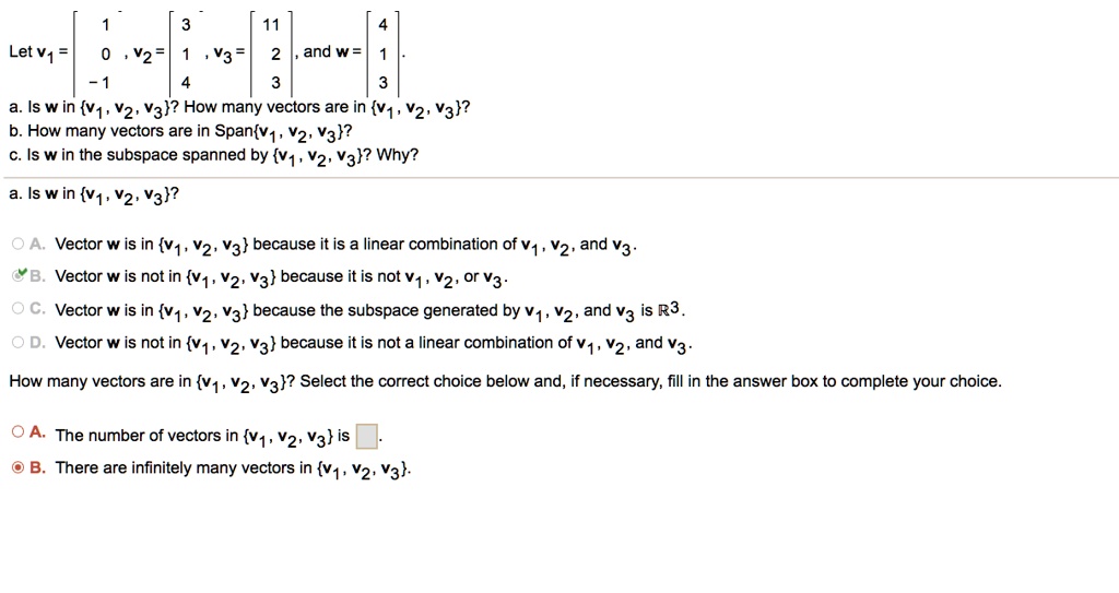 let v1 and v2 v3 a is w in v1 vz va how many vectors are in v1 v2 v3 b how many vectors are in ...