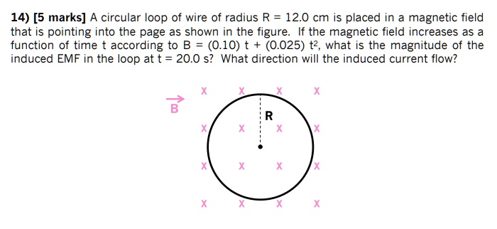 SOLVED: 14) [5 marks] A circular loop of wire of radius R = 12.0 cm is placed in a magnetic ...